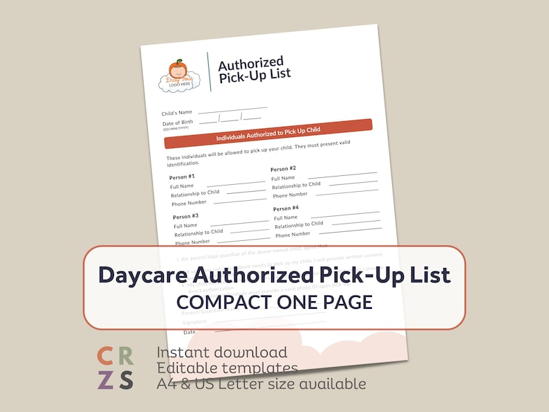 Daycare Authorized Pick-up Form, Authorized Pick-up List for Childcare ...