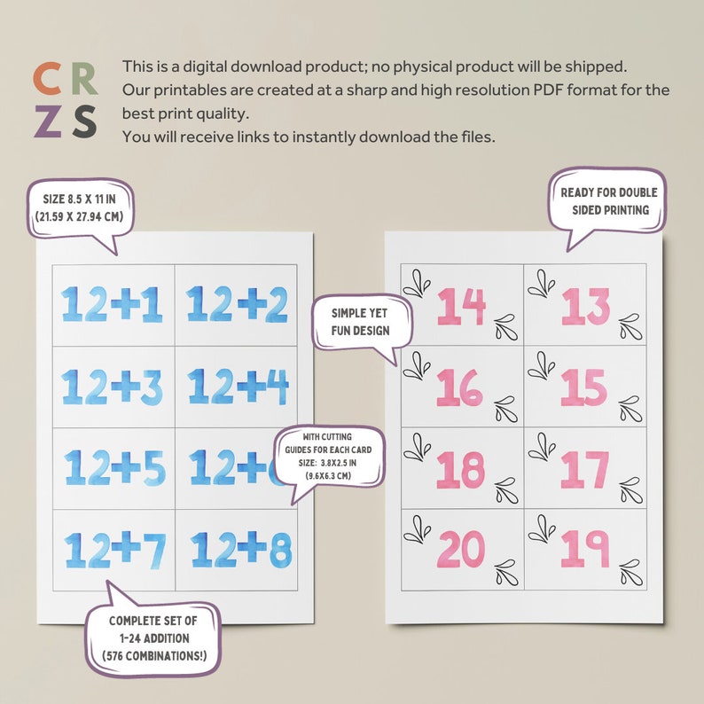 1-24 Addition Flash Cards, Math Printable Cards, 1-24 Addition ...