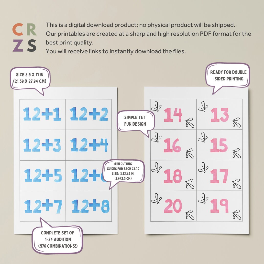 1-24 Addition Flash Cards Math Printable Cards 1-24 Addition - Etsy