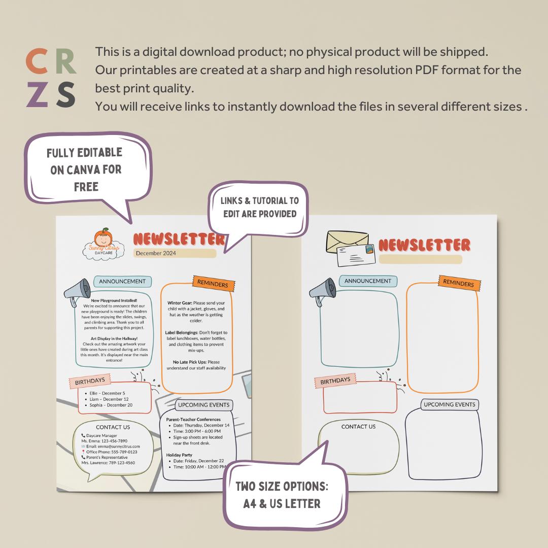 Editable Kindergarten Weekly Monthly Newsletter, Daycare Newsletter ...