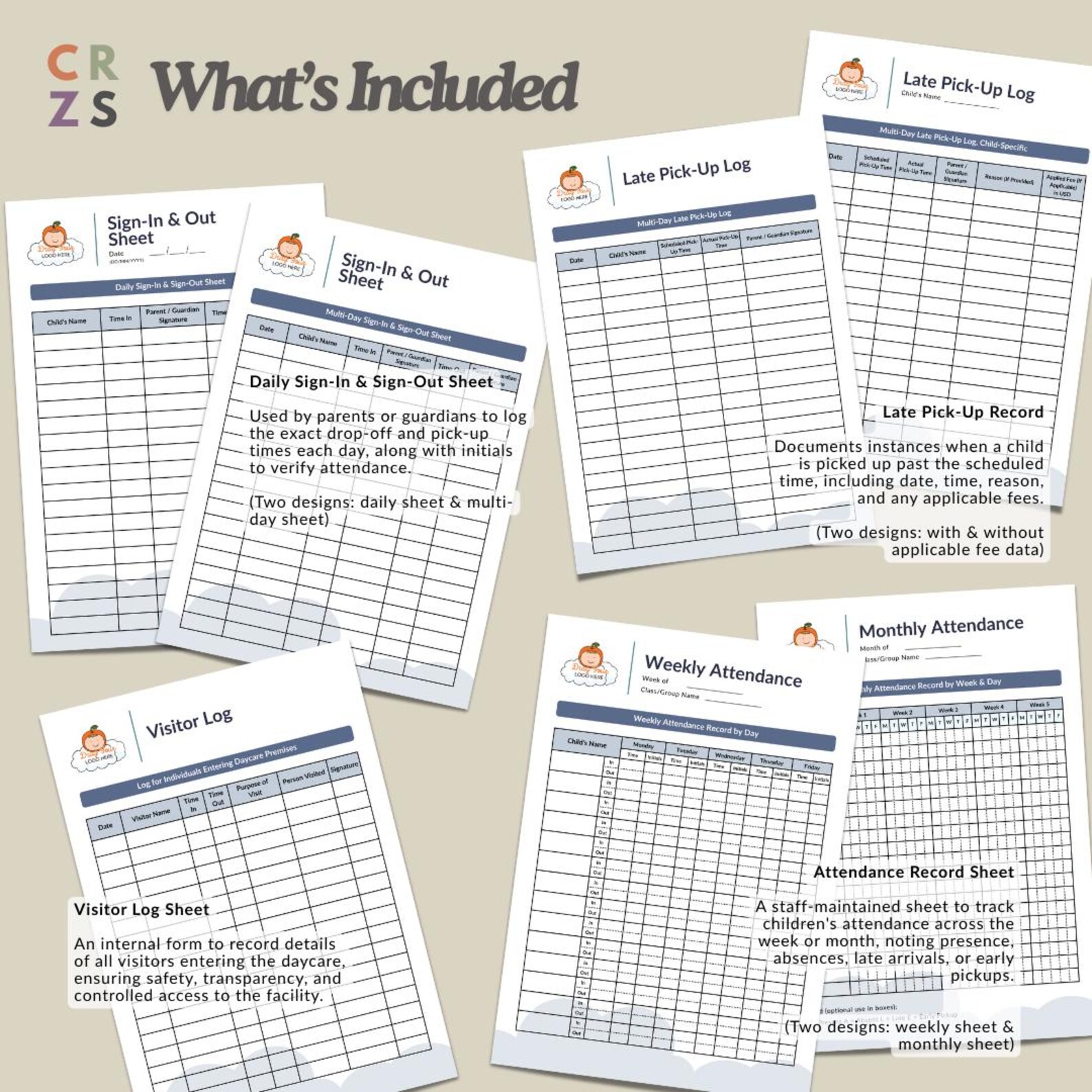 Daycare Attendance Logs Forms Bundle, Childcare Visitor Log, Late Pick ...