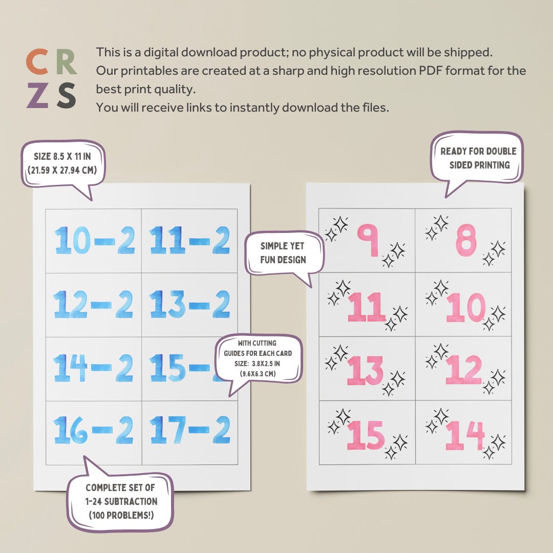 1-24 Subtraction Flash Cards, Math Printable Cards, 2nd Grade Math ...