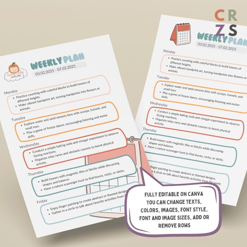 Editable Kindergarten Weekly Plan, Daycare Weekly Schedule, Weekly ...