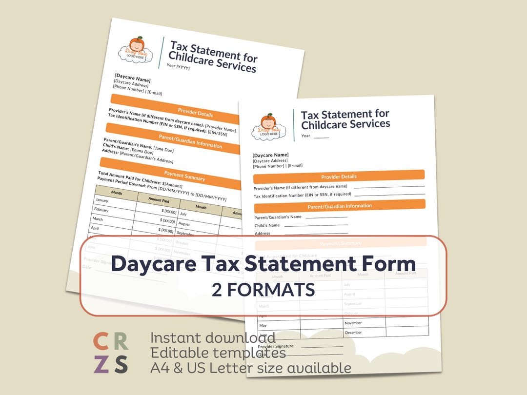 Daycare Tax Statement, Editable End of Year Tax Receipt, Childcare ...