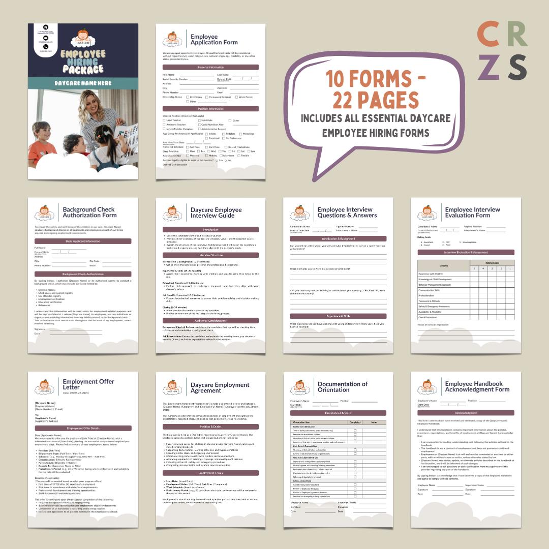 Daycare Employee Hiring Forms Bundle, Employee Application Form for ...