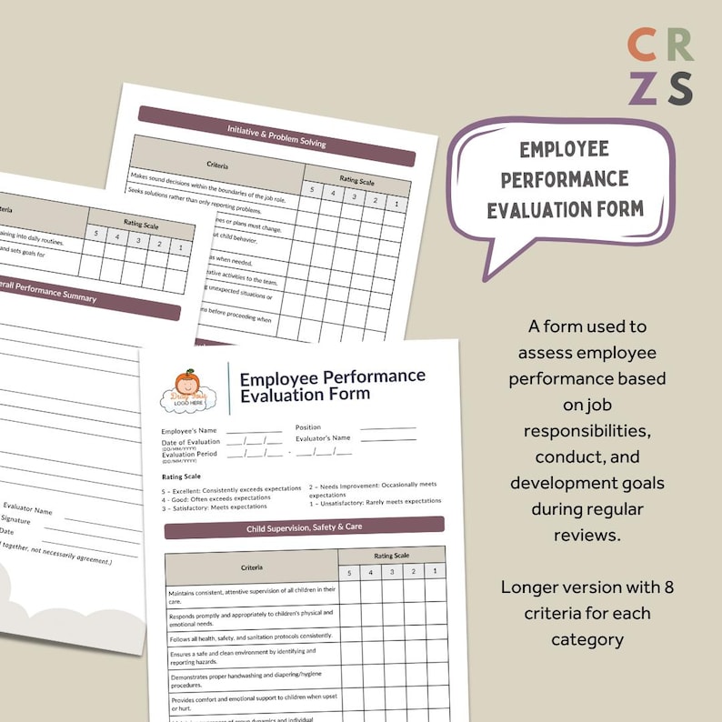 Daycare Staff Evaluation, Employee Performance Review for Childcare ...