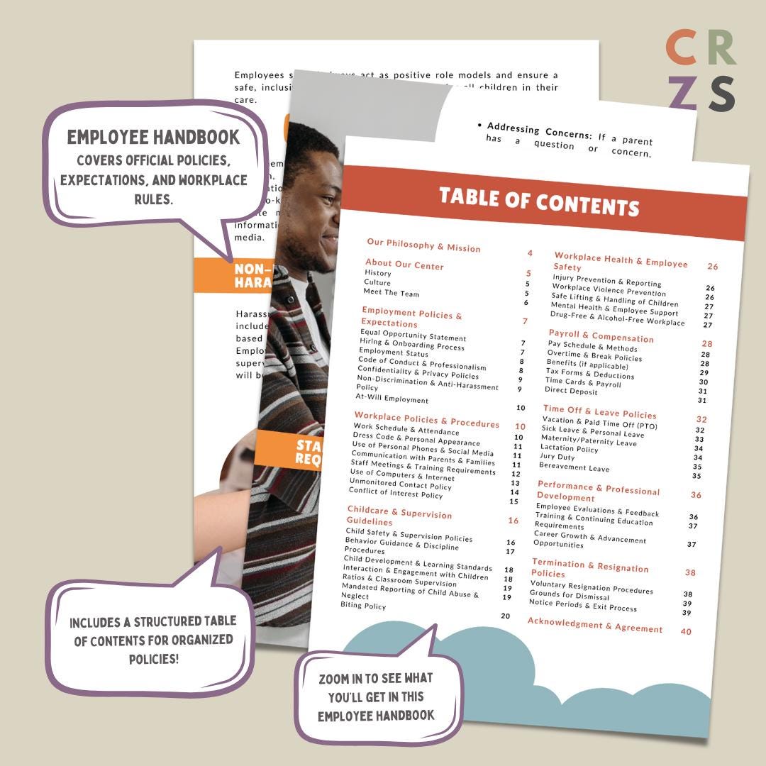 Daycare Employee Handbook, Editable Childcare Staff Policy and ...