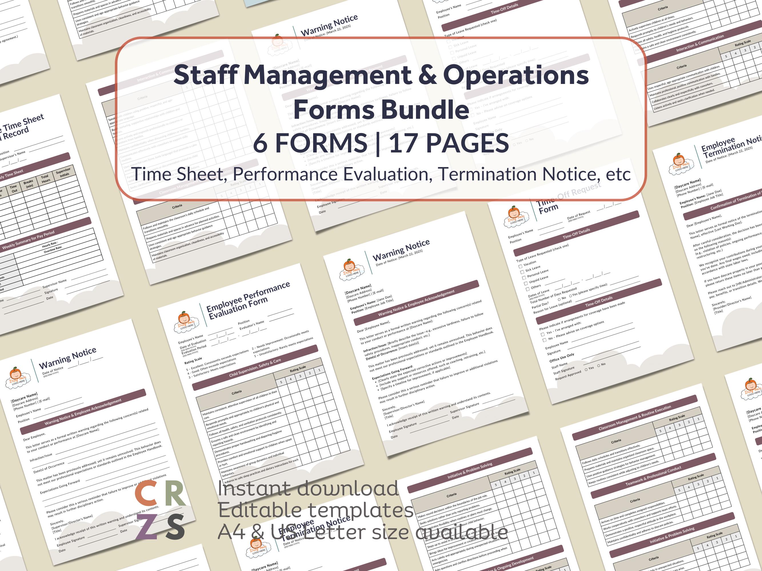 Daycare Staff Operations Forms Bundle, Employee Management Forms ...