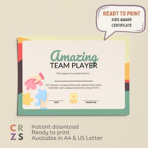 Team Player Award Certificate for Kids Classroom Award Certificate ...