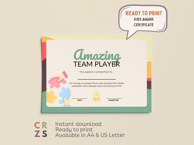 Team Player Award Certificate for Kids Classroom Award Certificate ...