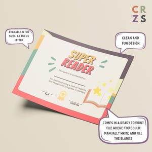 Reader Award Certificate for Kids Classroom Award Certificate Student ...