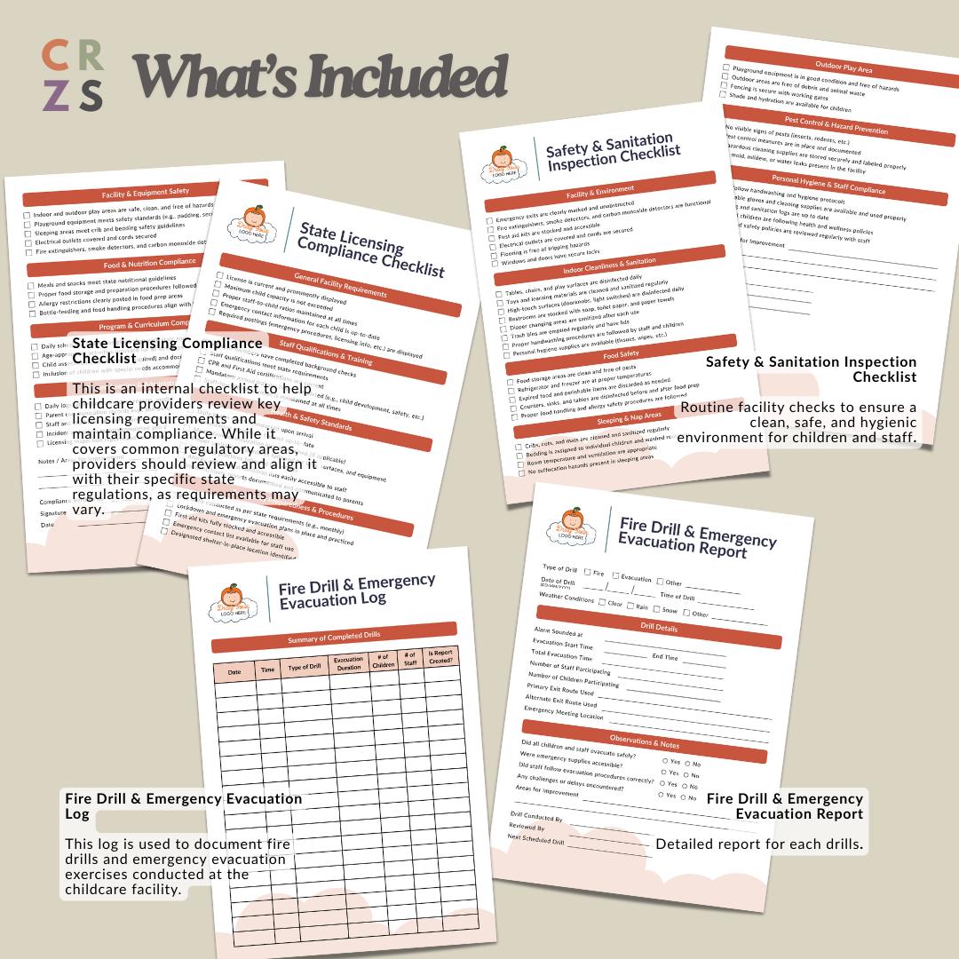 Daycare Health & Safety Compliance Forms Bundle, Health Report for ...