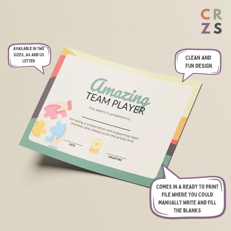 Team Player Award Certificate for Kids Classroom Award Certificate ...