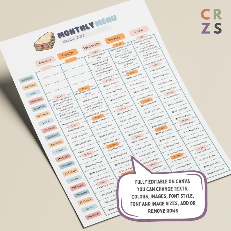 Daycare Weekly & Monthly Menu With Pictures, Editable Weekly Meal Plan ...