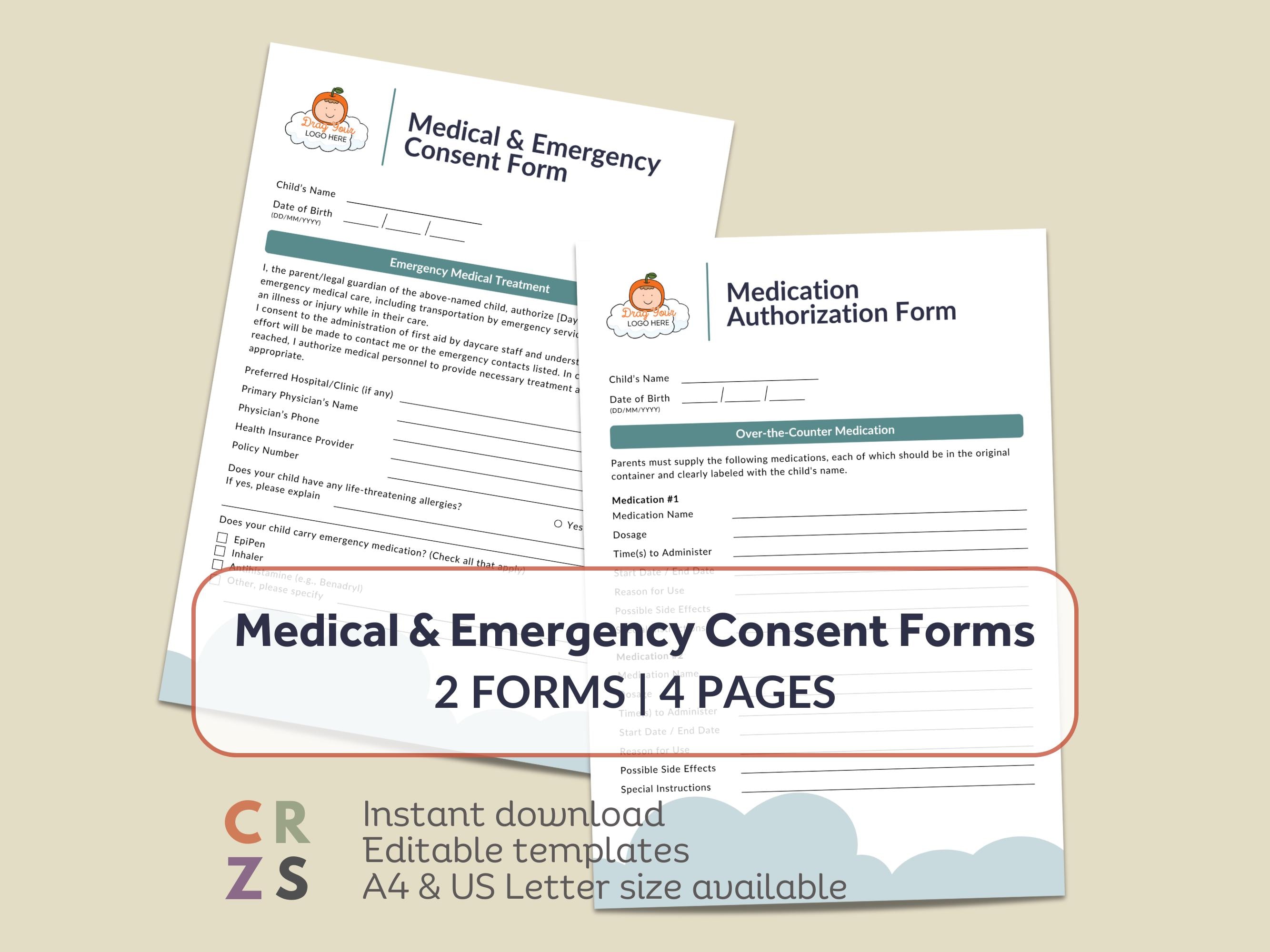 Daycare Medical Consent Form, Emergency Consent Form, Medication ...