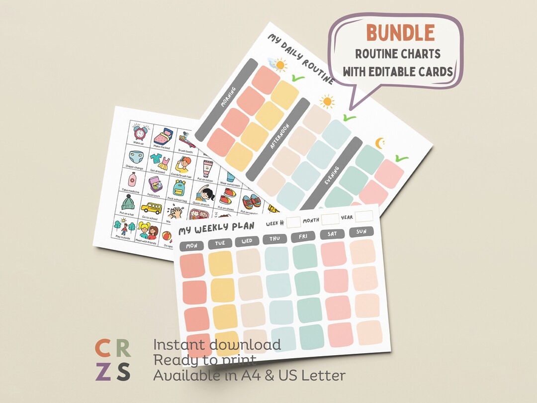 Editable Kids Routine Charts Bundle Routine Cards, Daily Weekly Planner ...
