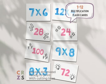 1-12 Multiplication Chart and Flashcard, Printable Digital Download ...