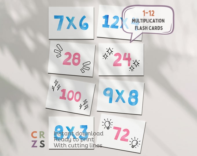 1-12 Multiplication Chart and Flashcard, Printable Digital Download ...