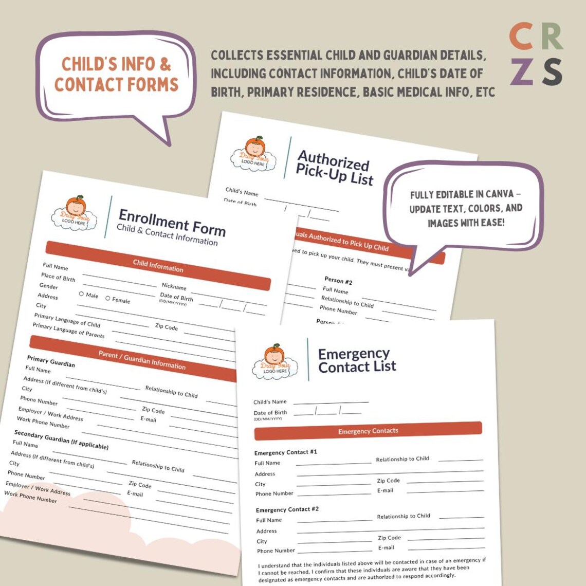 Daycare Enrollment Forms, Daycare Contract, Editable Childcare ...