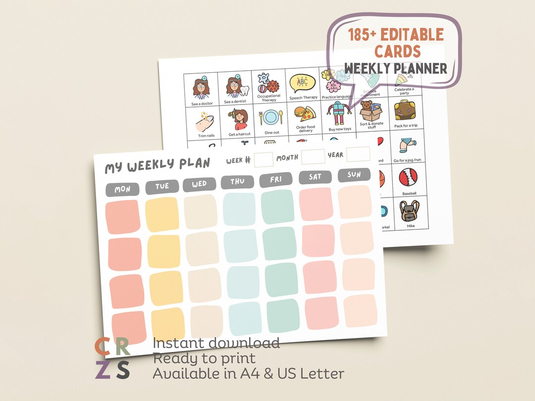 Editable Weekly Calendar for Kids Weekly Planner Editable Routine Cards ...