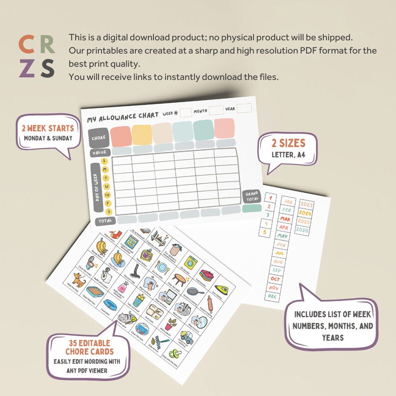 Editable Kids Allowance Tracker Visual Allowance Chart for Kids, Daily ...