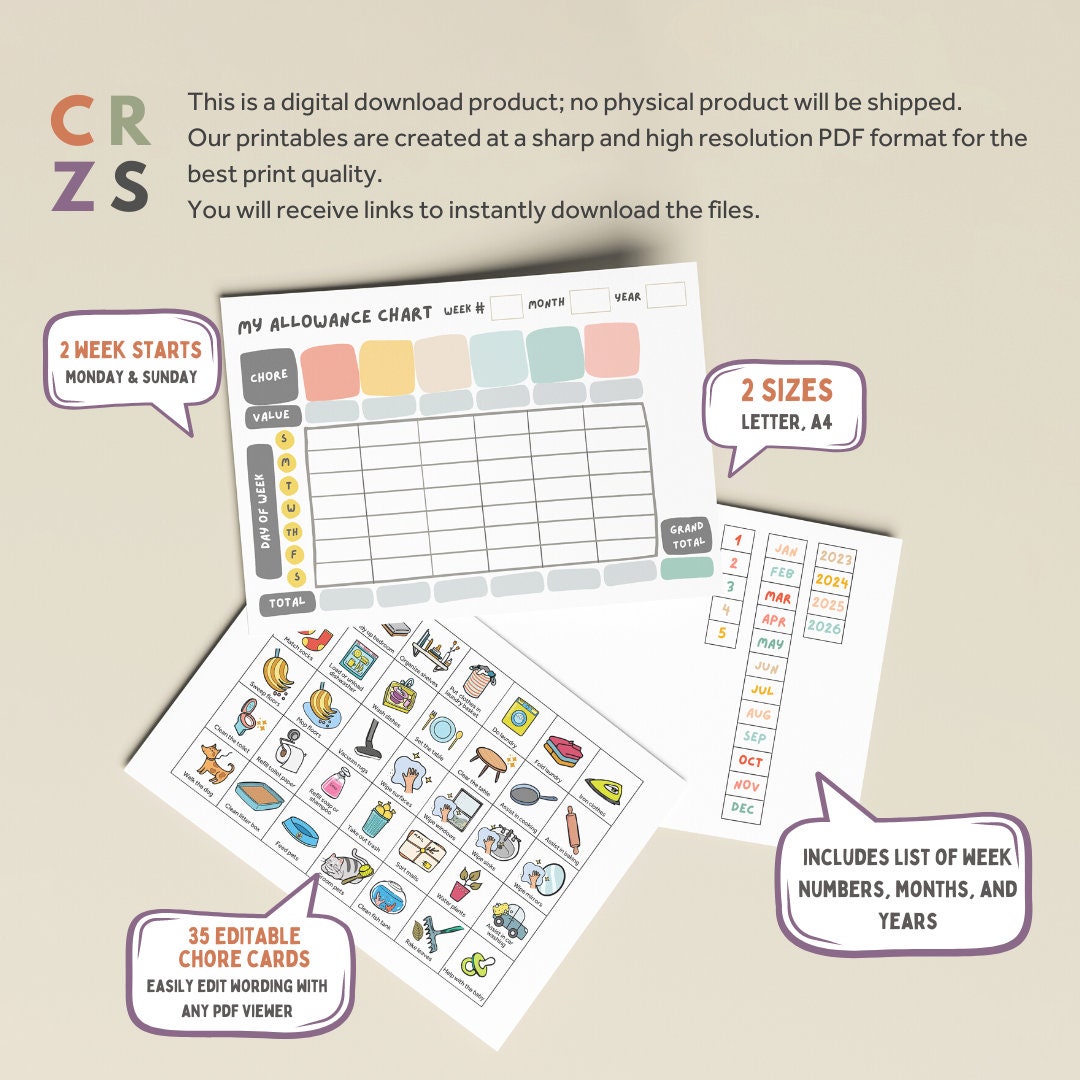 Editable Kids Allowance Tracker Visual Allowance Chart for Kids, Daily ...