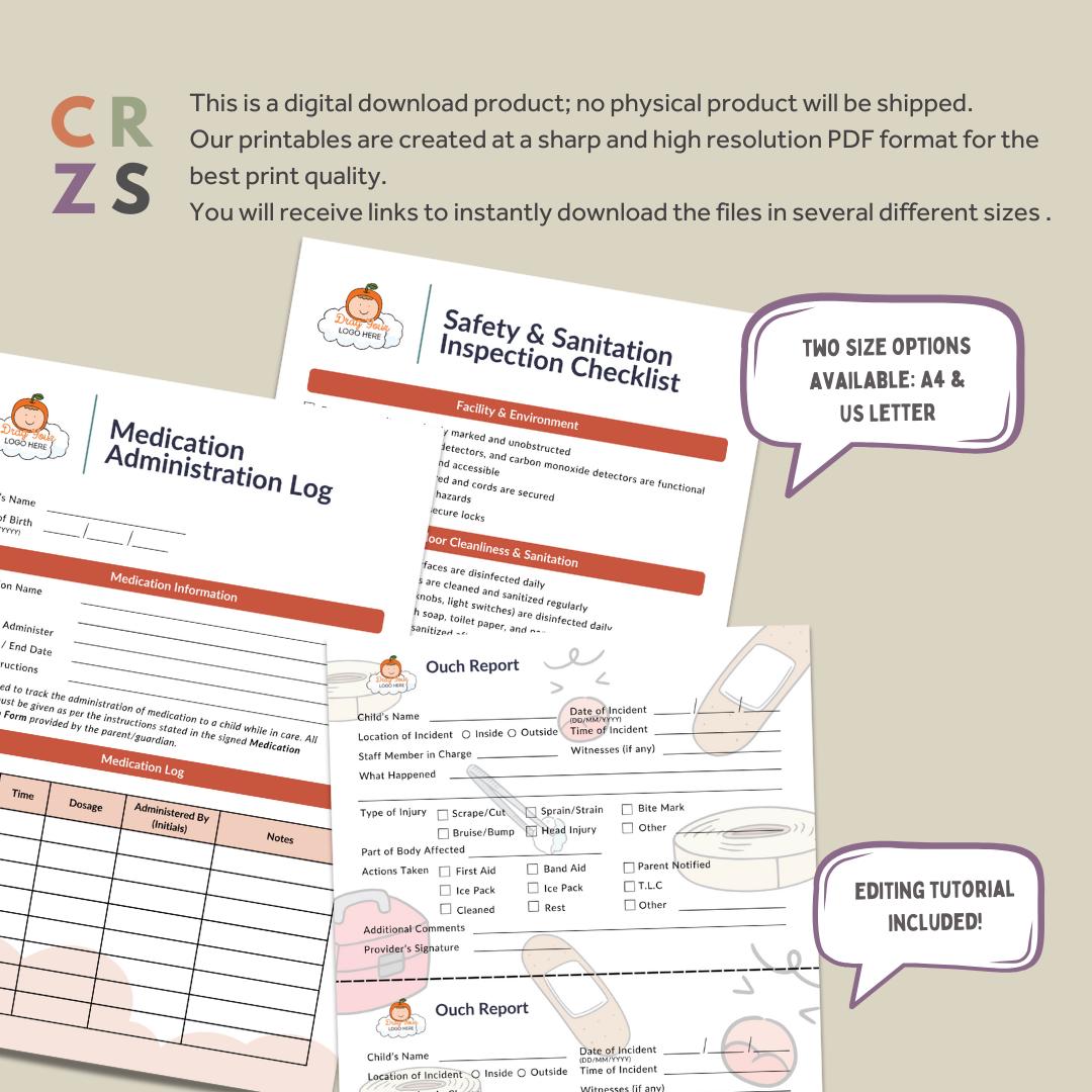 Daycare Health & Safety Compliance Forms Bundle, Health Report for ...