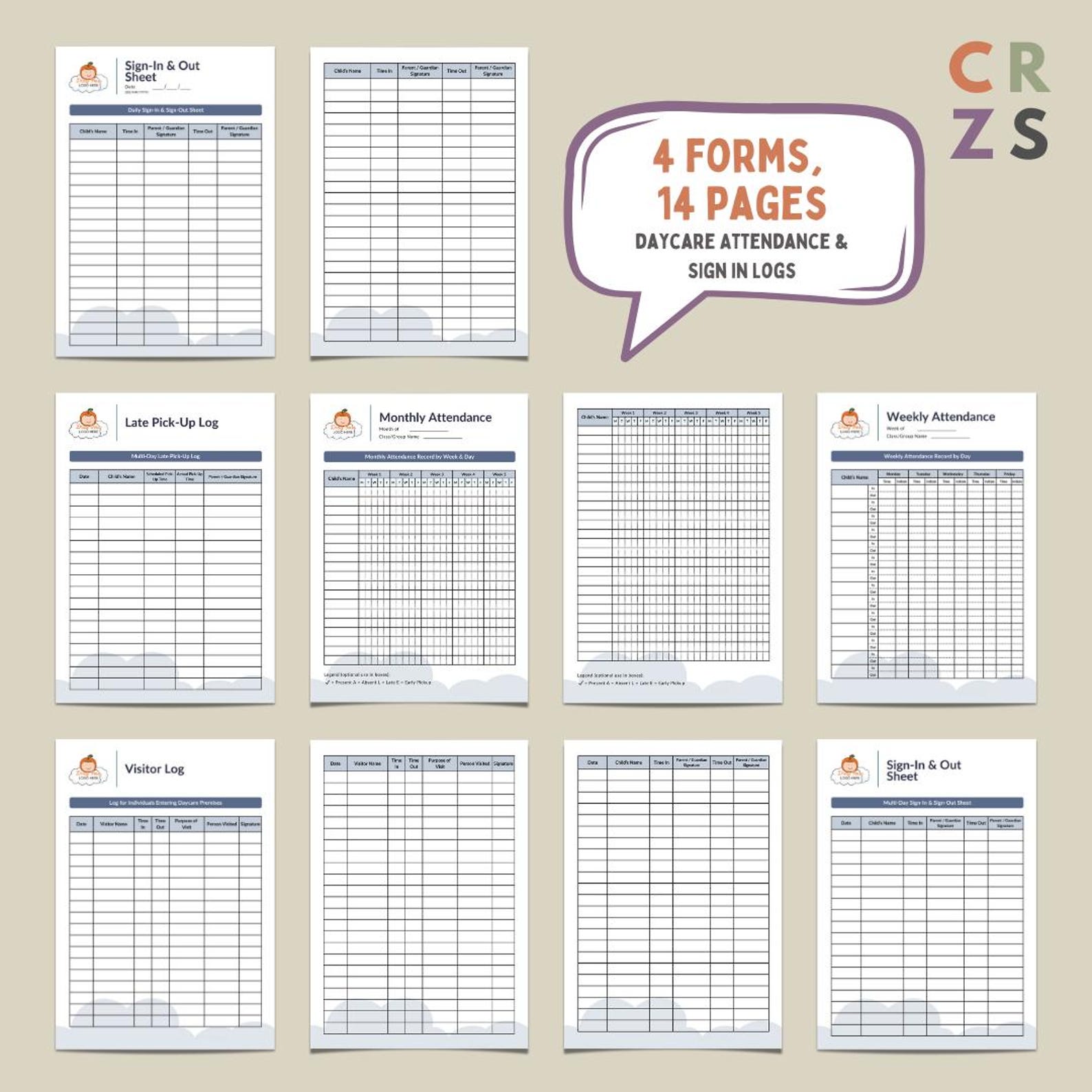 Daycare Attendance Logs Forms Bundle, Childcare Visitor Log, Late Pick ...
