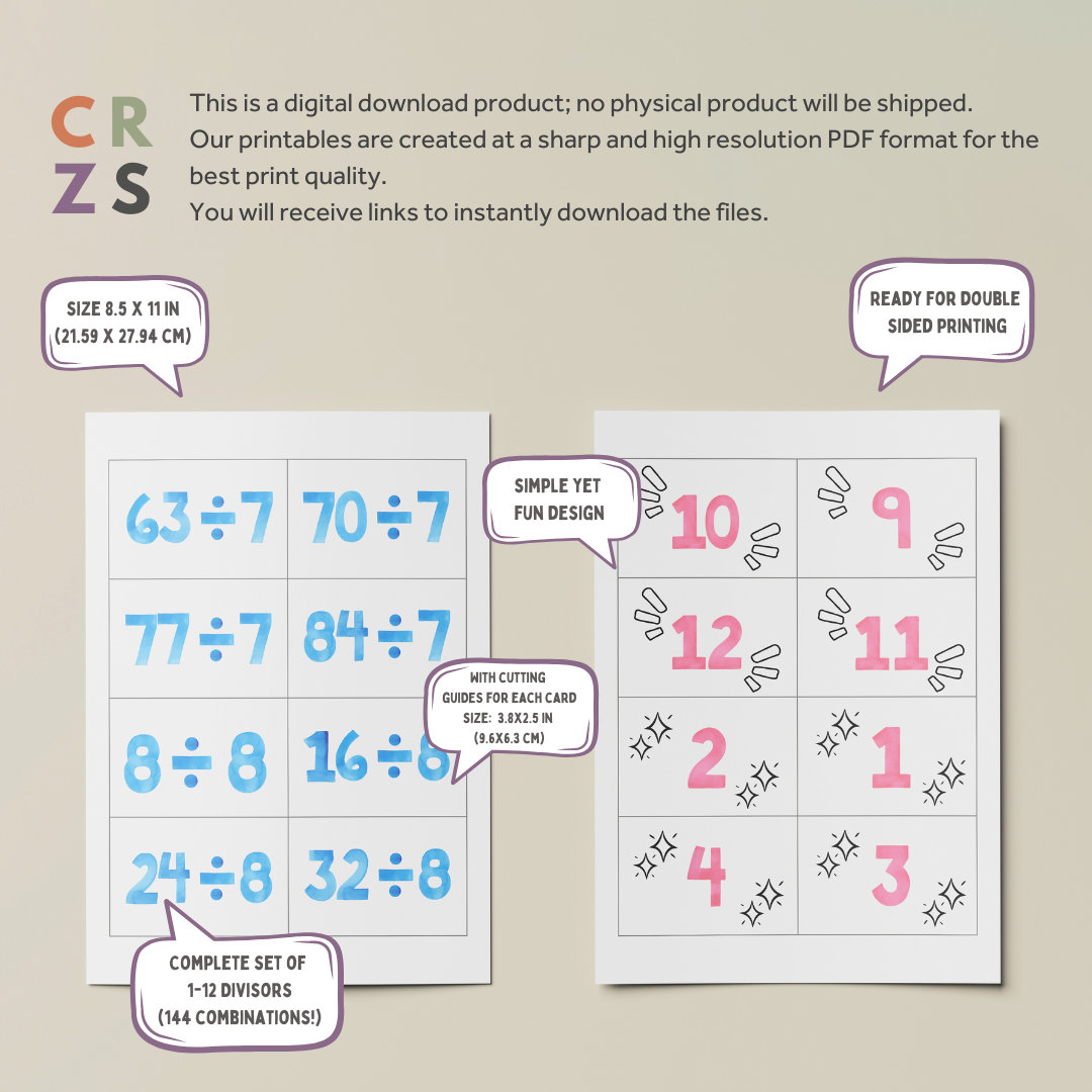 1-12 Division Flash Cards, Math Printable Cards, 1-12 Division ...