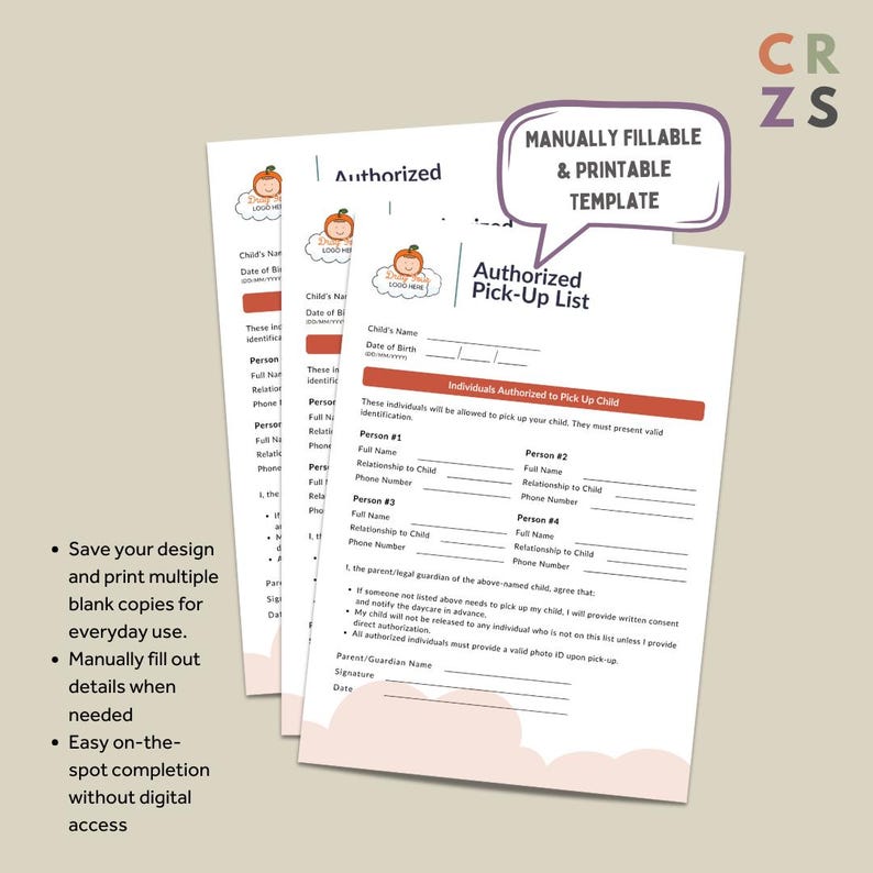 Daycare Authorized Pick-up Form, Authorized Pick-up List for Childcare ...