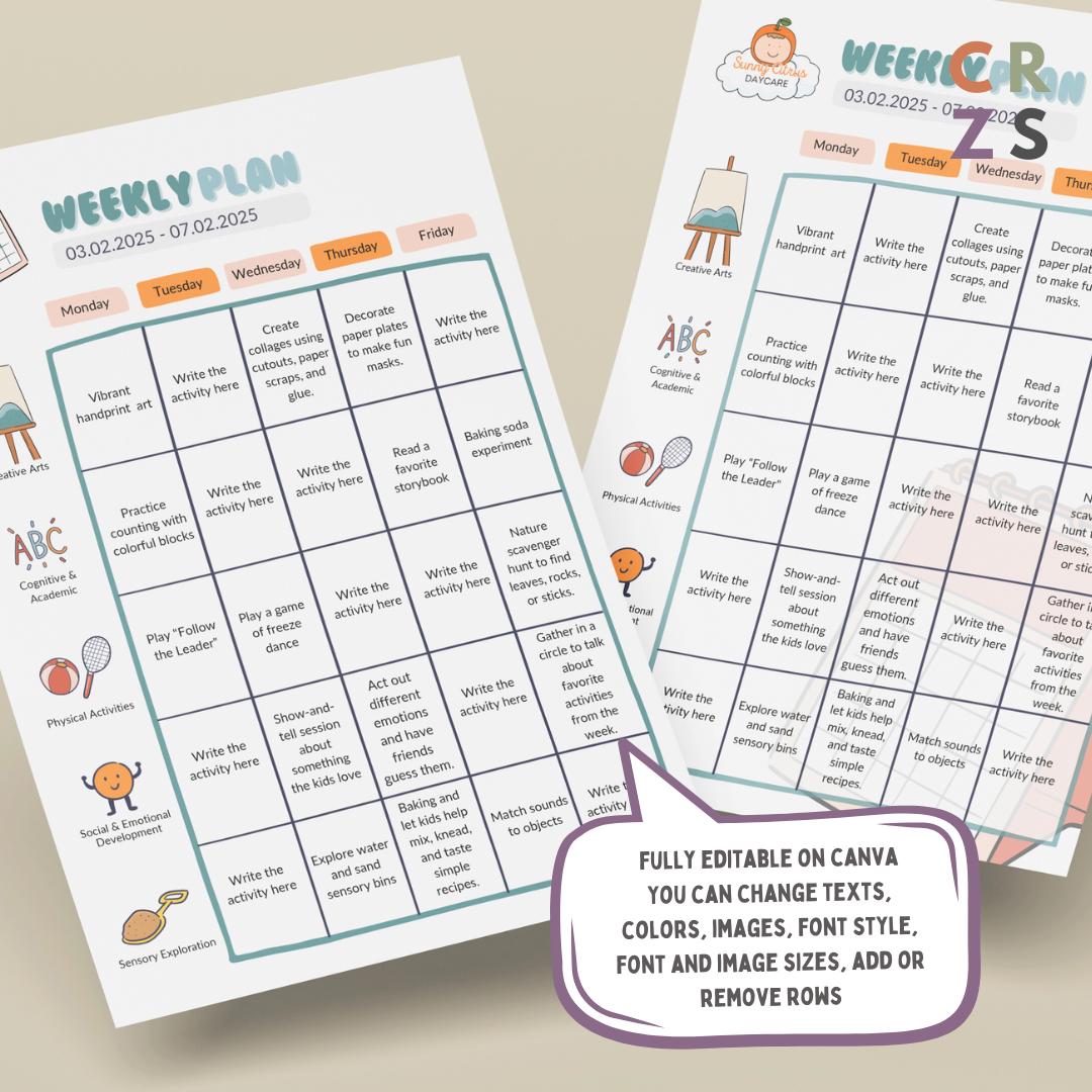 Editable Kindergarten Weekly Plan With Categorized Activities, Daycare ...
