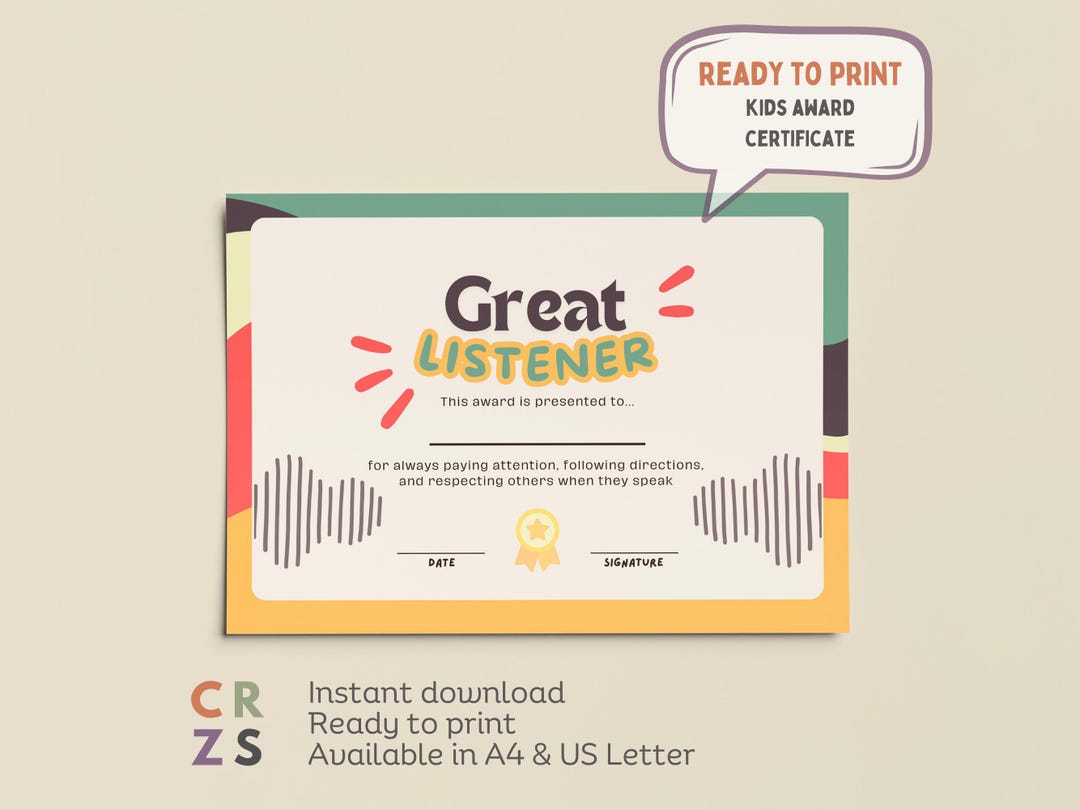 Great Listener Award Certificate for Kids Classroom Award Certificate ...