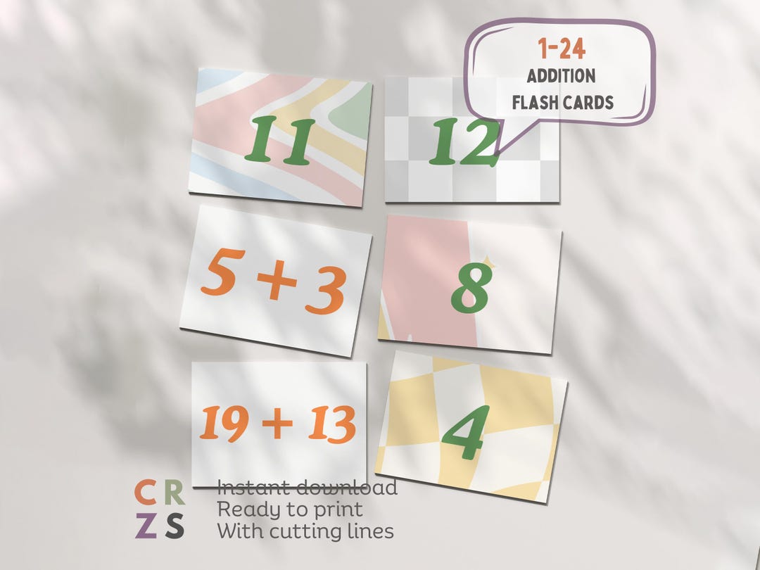 1-24 Addition Flash Cards, Math Printable Cards, Arithmetic Operation ...