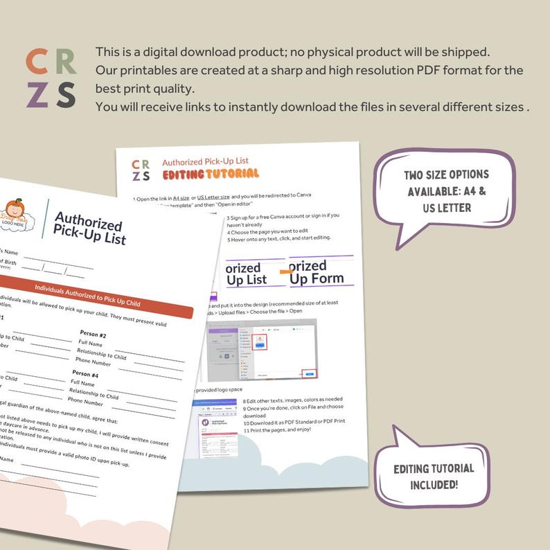 Daycare Authorized Pick-up Form, Authorized Pick-up List for Childcare ...