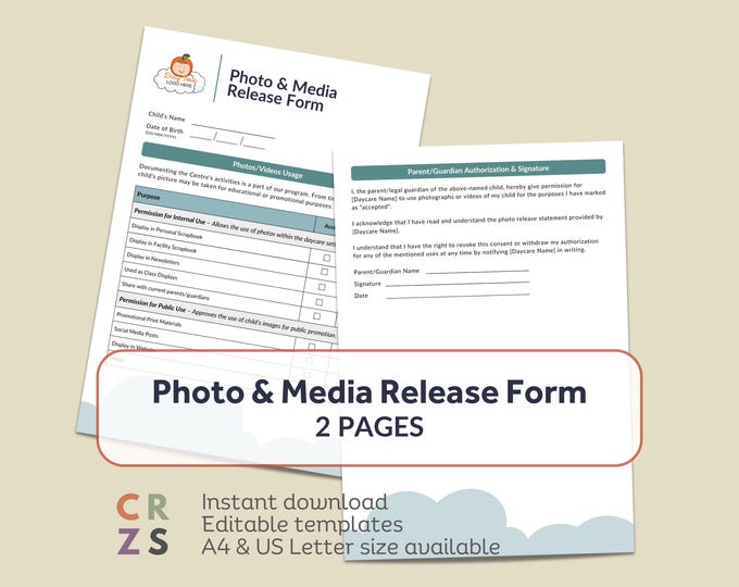 Childcare Photo Release Form/ Photo Permission Form for Childcare and ...