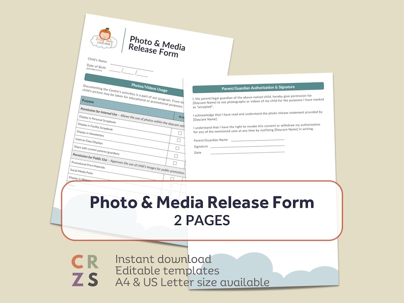Daycare Photo Release Form, Media Release Authorization, Photography ...