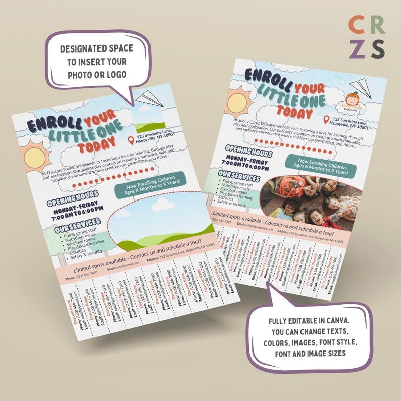 Daycare Flyer Tear Off, Editable Childcare Flyers, Kindergarten ...