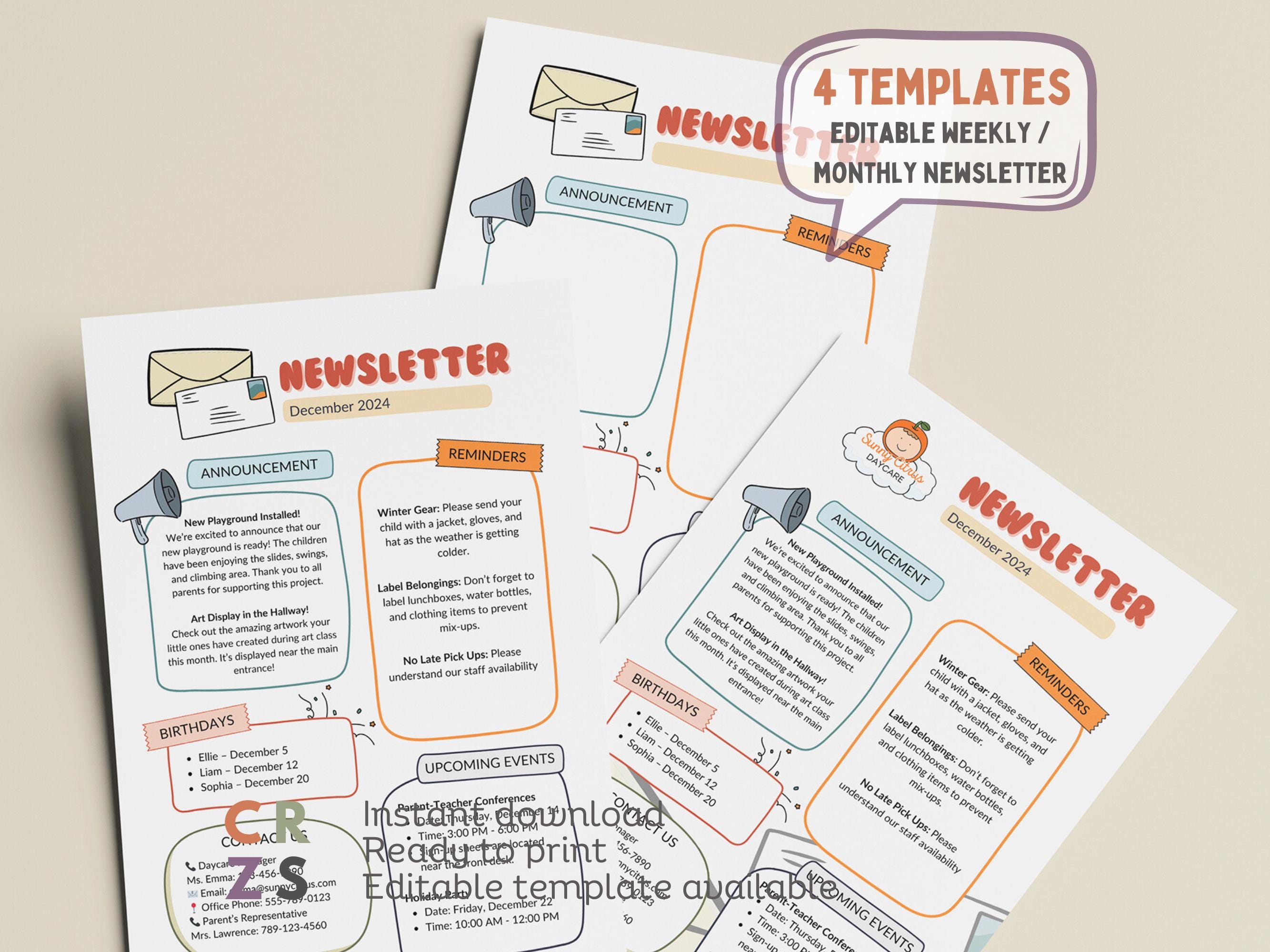 Editable Kindergarten Weekly Monthly Newsletter, Daycare Newsletter ...