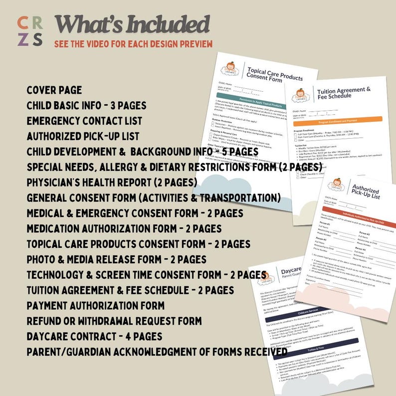 Daycare Enrollment Forms, Daycare Contract, Editable Childcare ...