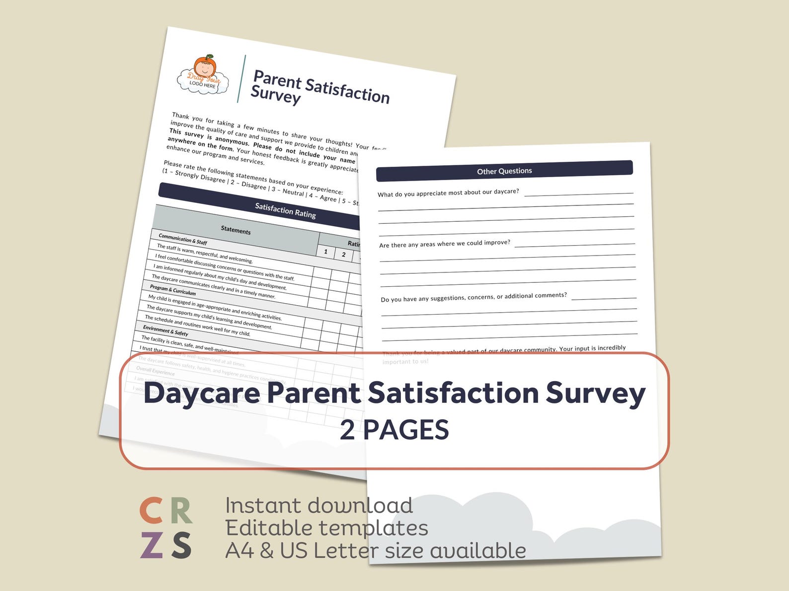 Editable Daycare Parent Survey, Parent Satisfaction Survey for ...