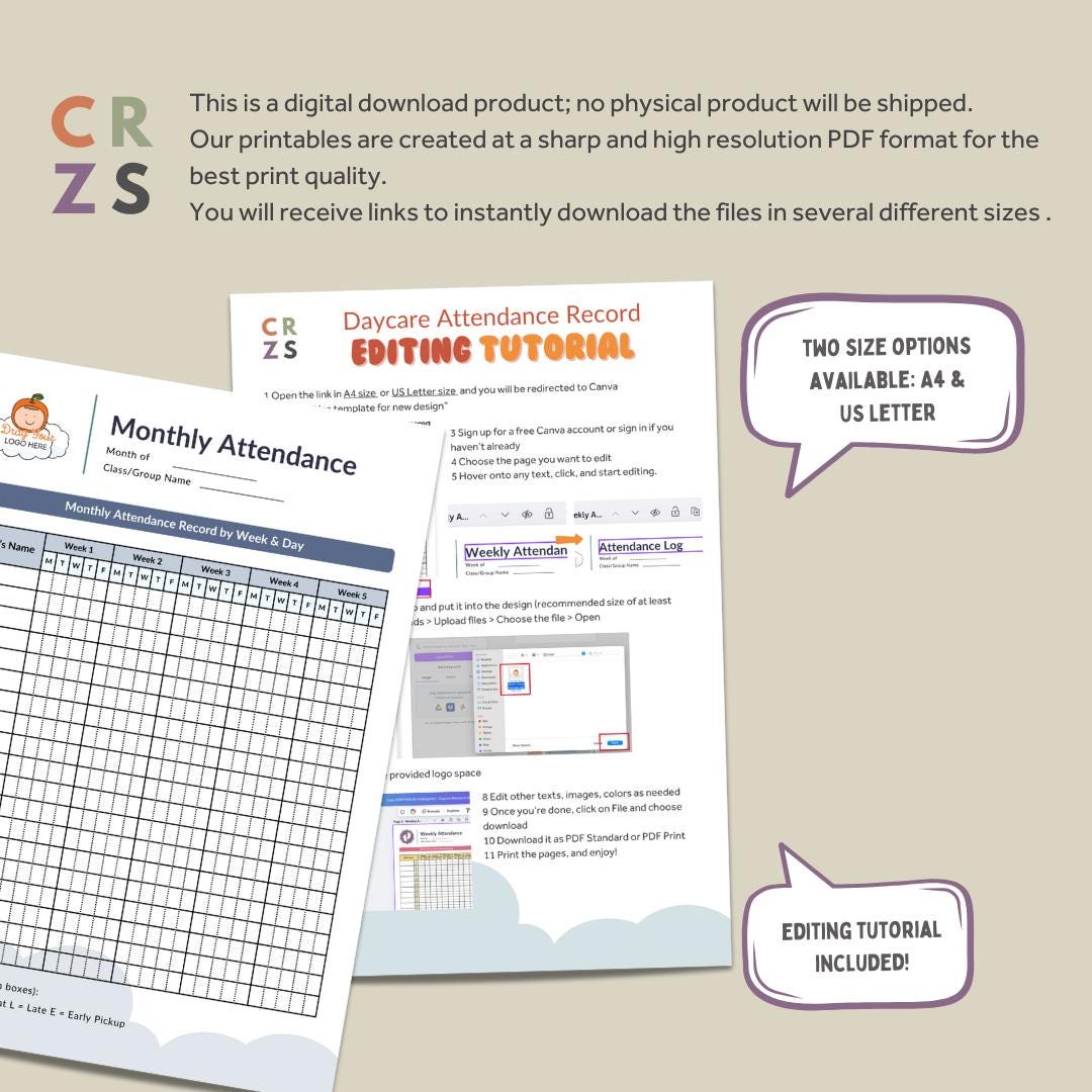 Daycare Weekly Monthly Attendance Sheet, Attendance Log for Childcare ...