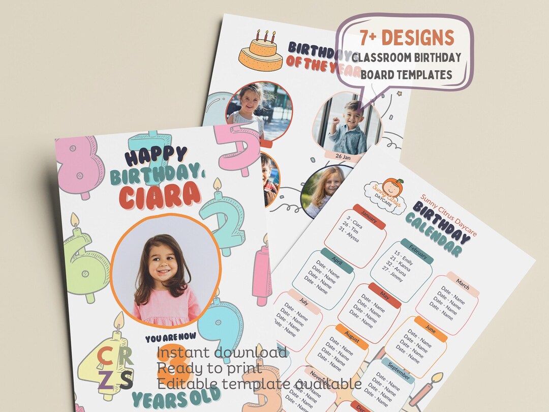 Classroom Birthday Calendar for Daycare & Preschool, Editable Birthday ...
