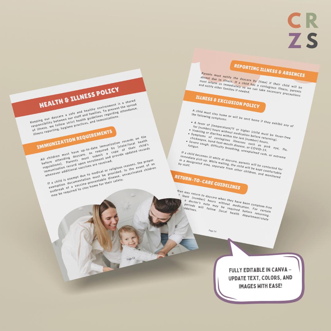 Daycare Parent Handbook, Editable Childcare Policy and Procedure ...