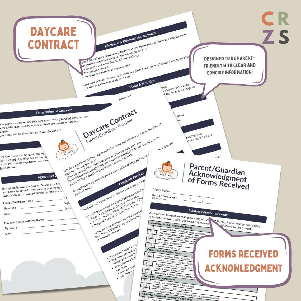 Daycare Enrollment Forms, Daycare Contract, Editable Childcare ...