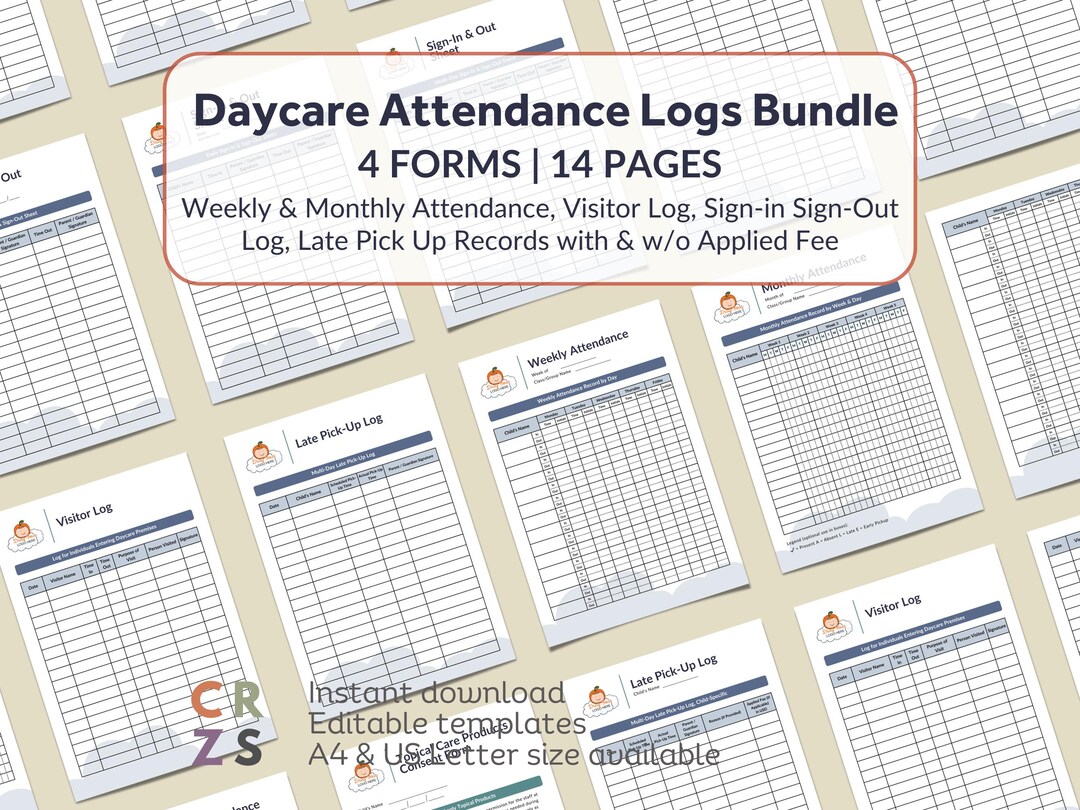 Daycare Attendance Logs Forms Bundle, Childcare Visitor Log, Late Pick ...