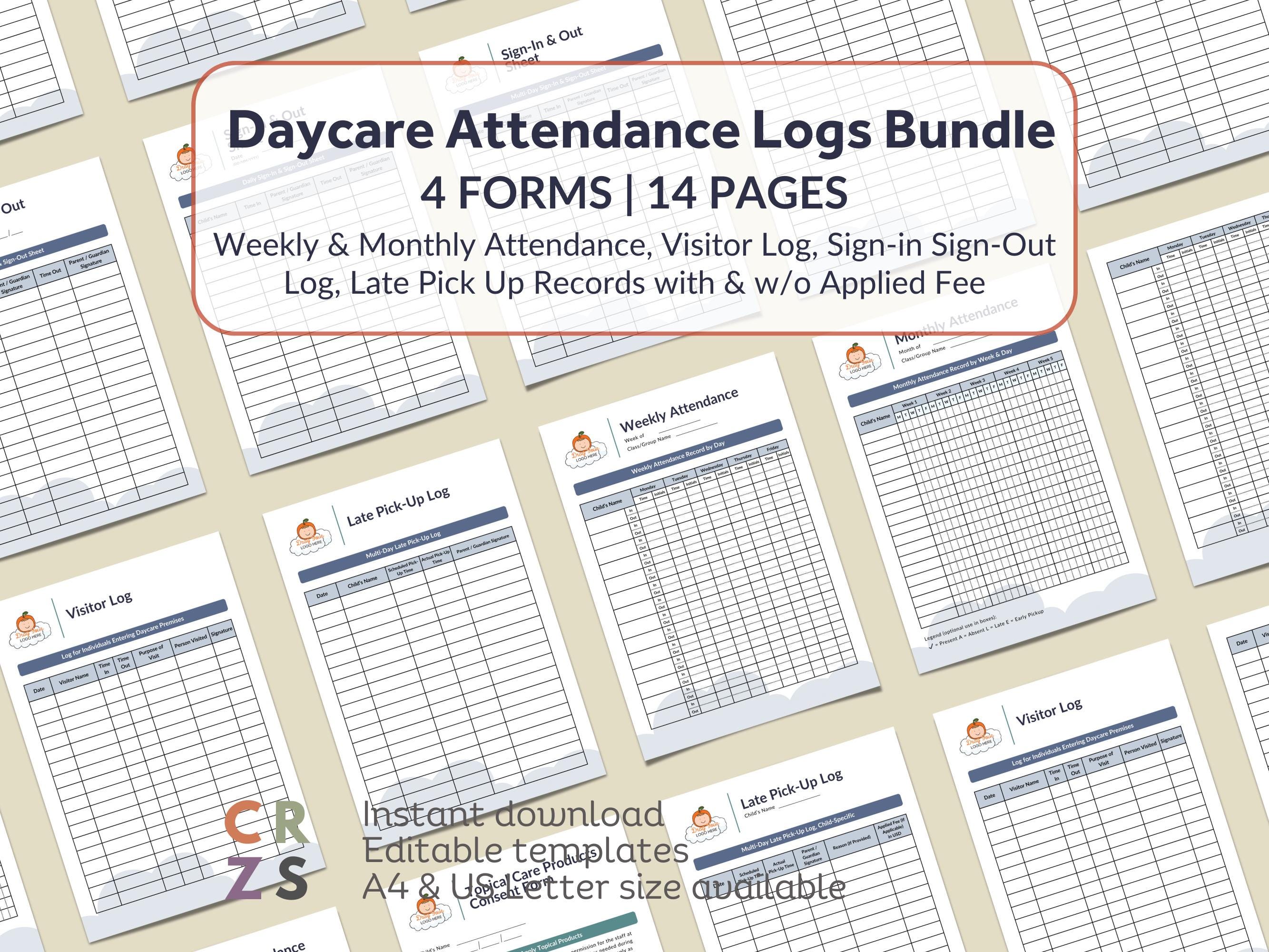 Daycare Attendance Logs Forms Bundle, Childcare Visitor Log, Late Pick ...