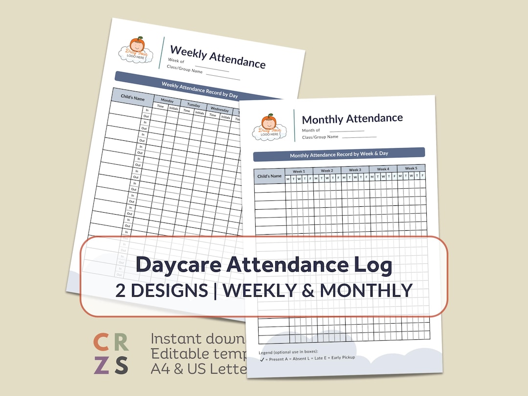 Daycare Weekly Monthly Attendance Sheet, Attendance Log for Childcare ...