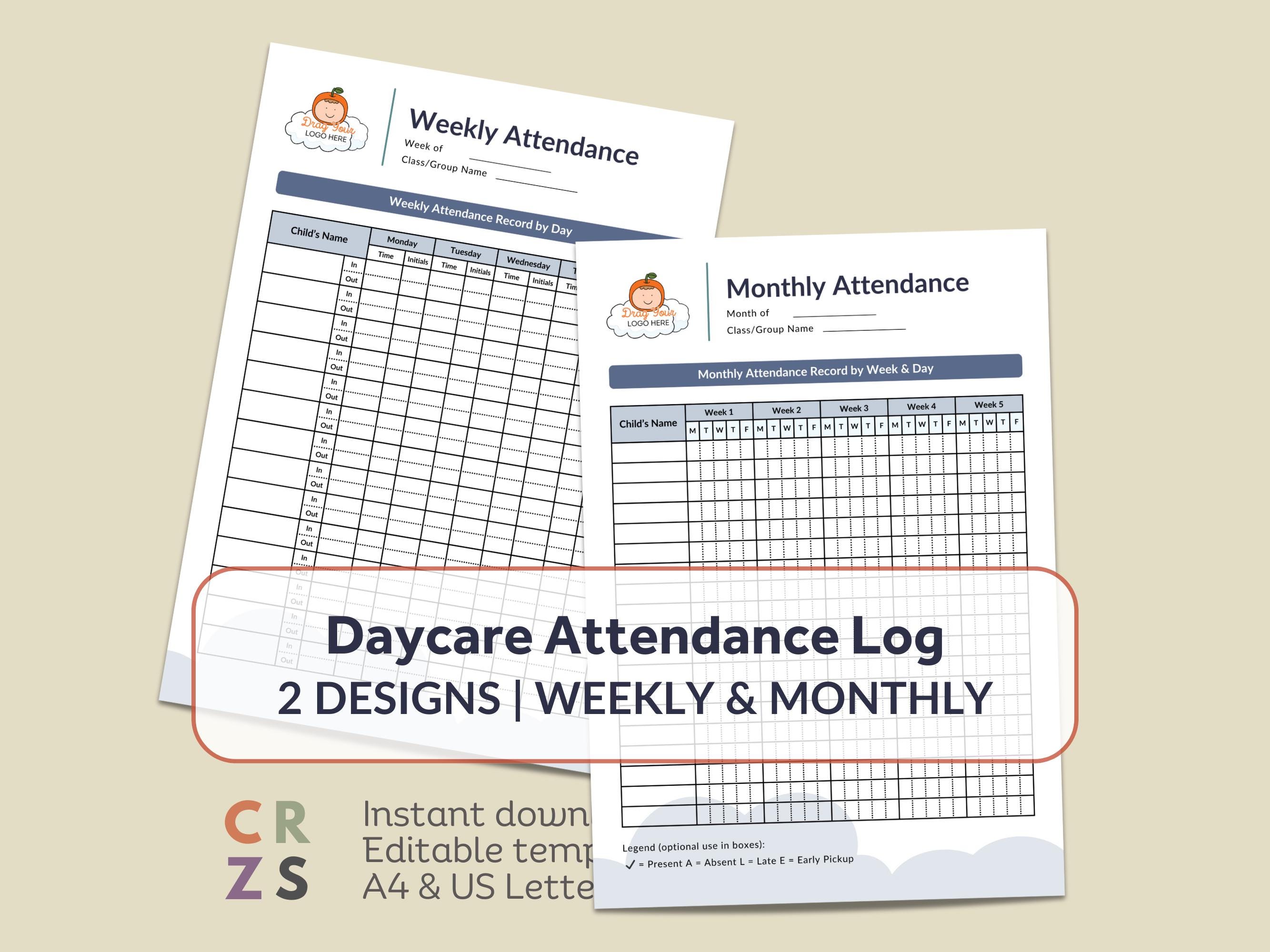 Daycare Weekly Monthly Attendance Sheet, Attendance Log for Childcare ...