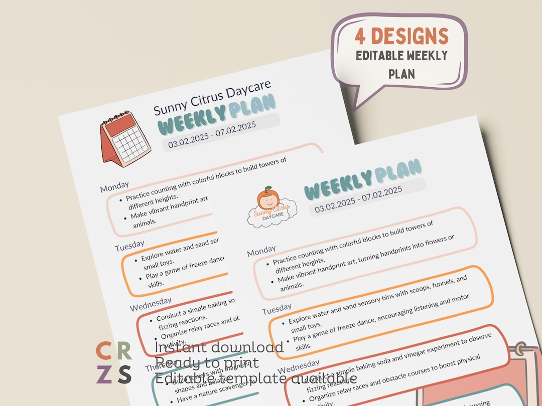 Editable Kindergarten Weekly Plan, Daycare Weekly Schedule, Weekly ...
