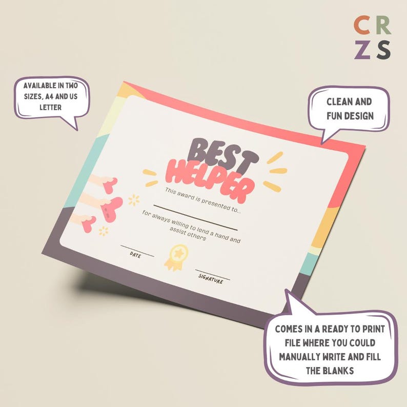 Best Helper Award Certificate for Kids Classroom Award Certificate ...